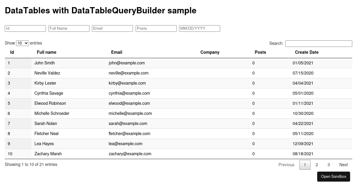 DataTables with DataTableQueryBuilder - Codesandbox