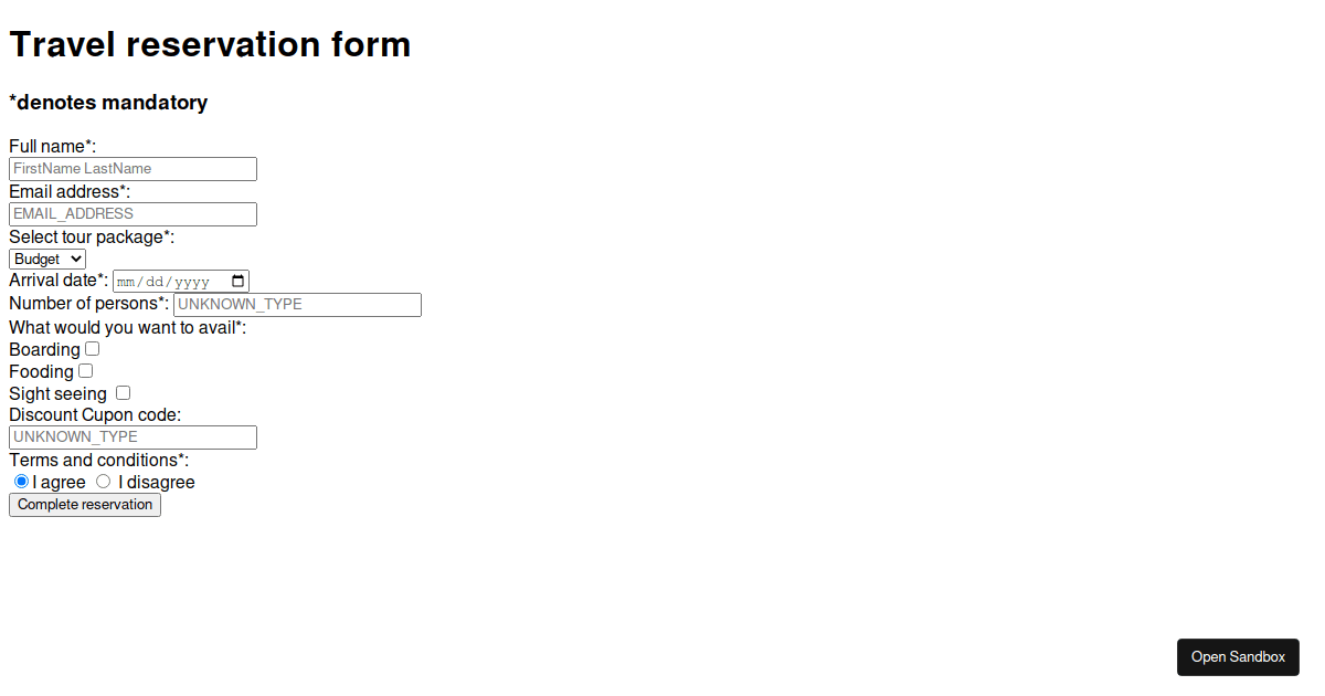 Travel reservation form - Codesandbox