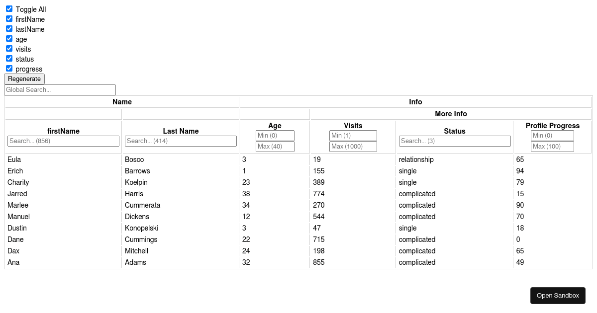 react-table v8 example (forked) - Codesandbox