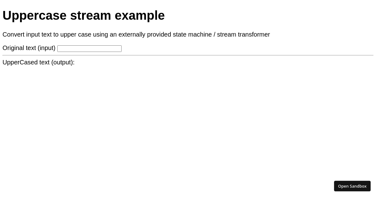 toUpperCase stream example with Rimmel.js - Codesandbox