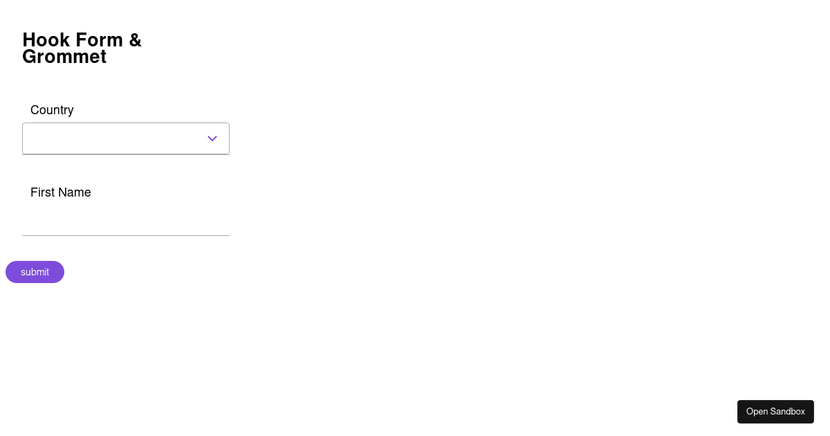 grommet + react hook form (forked) - Codesandbox