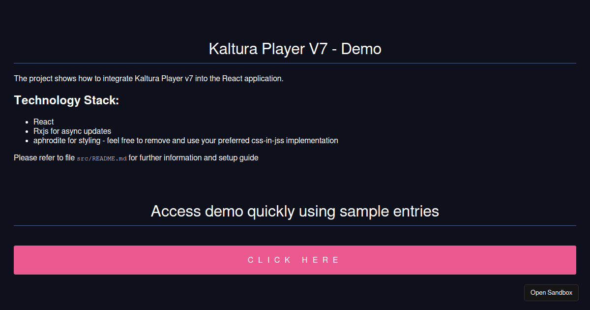 Kaltura Player v7 React Integration - Codesandbox