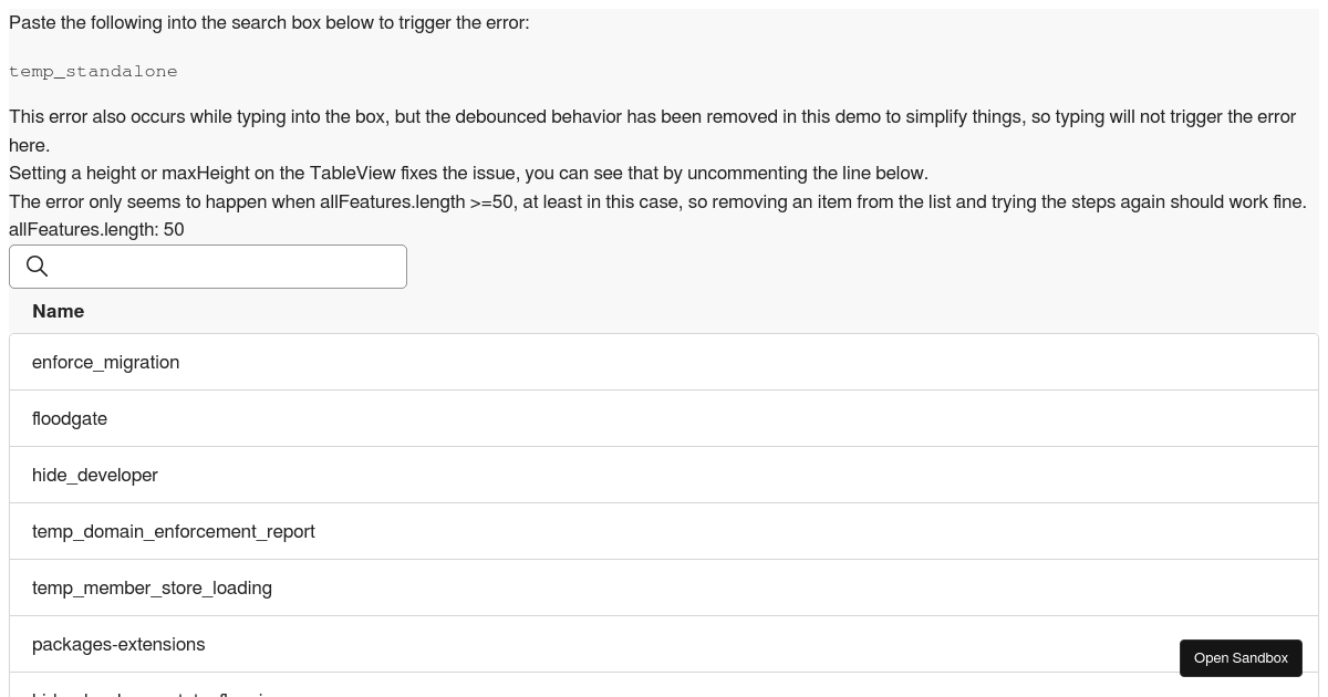 React Spectrum Table React Error 185 Codesandbox