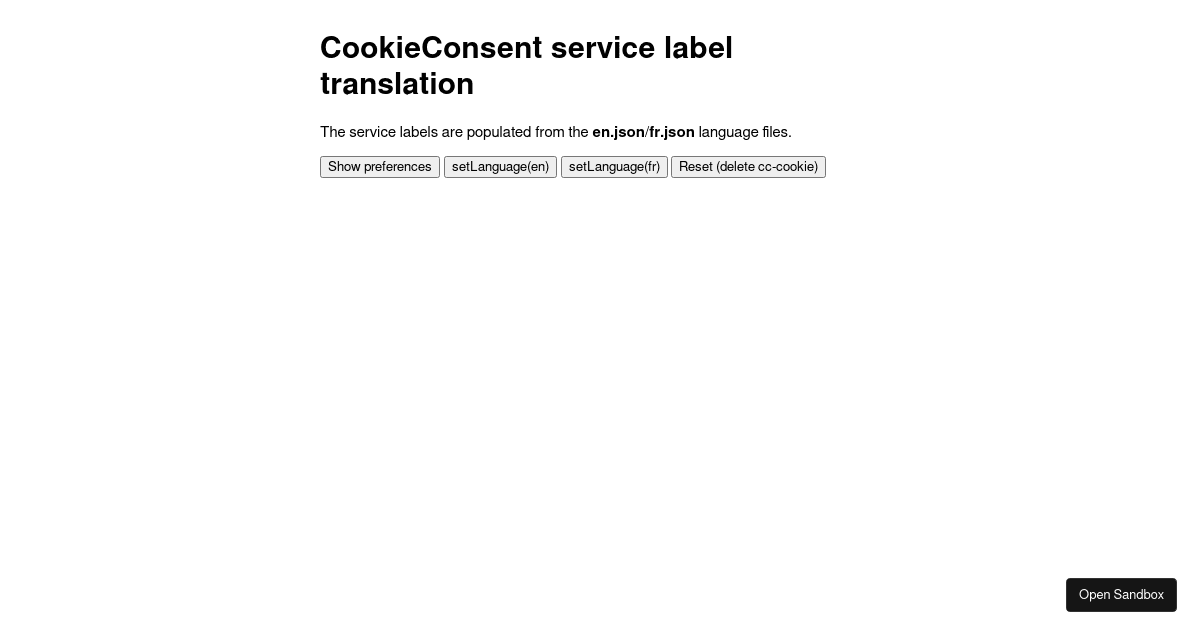 CookieConsent Service Label Translation - Codesandbox