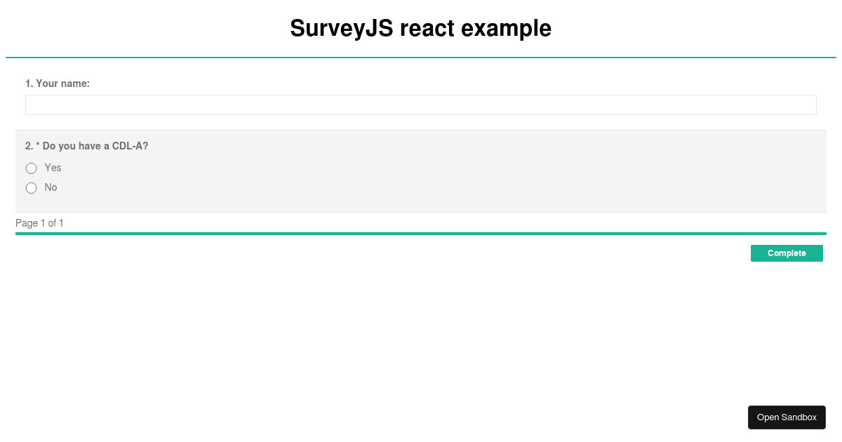 Surveyjs React Example Show React Component On Complete Forked Codesandbox