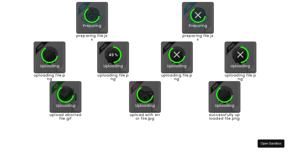 Files-ui FileMosaic uploading - Codesandbox