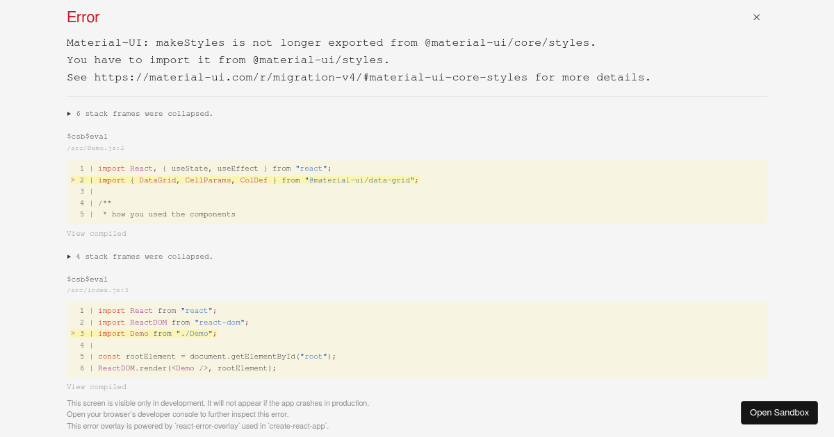 Material-UI issue (forked) - Codesandbox