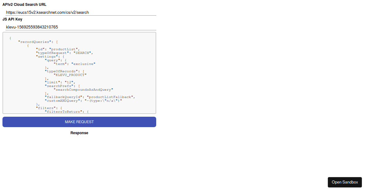 klevu api sendbox - Codesandbox
