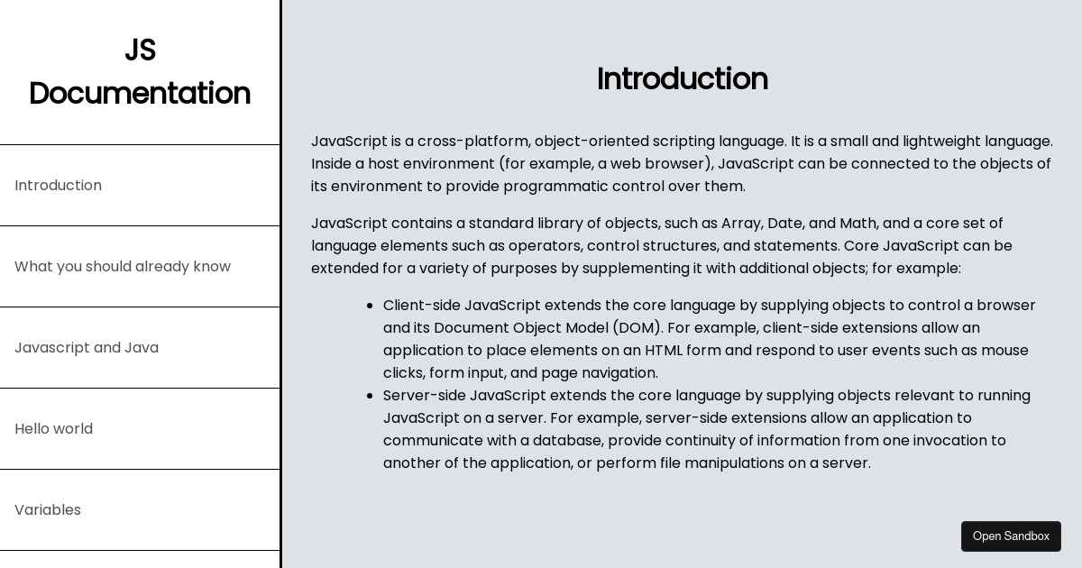 Technical Documentation Codesandbox