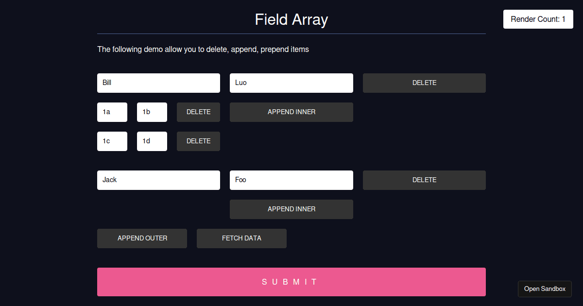 React Hook Form - useFieldArray error with complex form structure (forked) - Codesandbox
