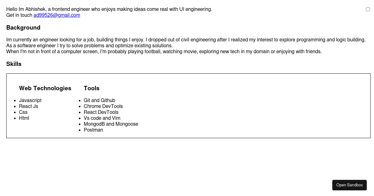abhishekdubey1/portfolio-v1 - Codesandbox