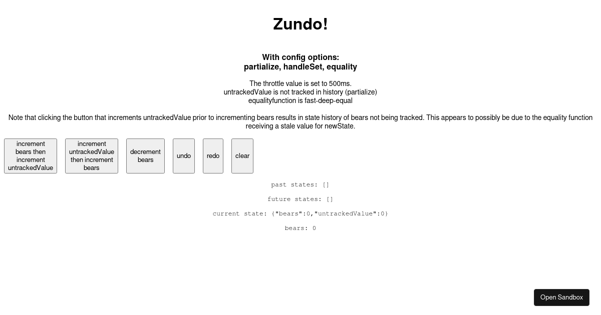 Zundo with partialize and deep-equal (debugging) - Codesandbox