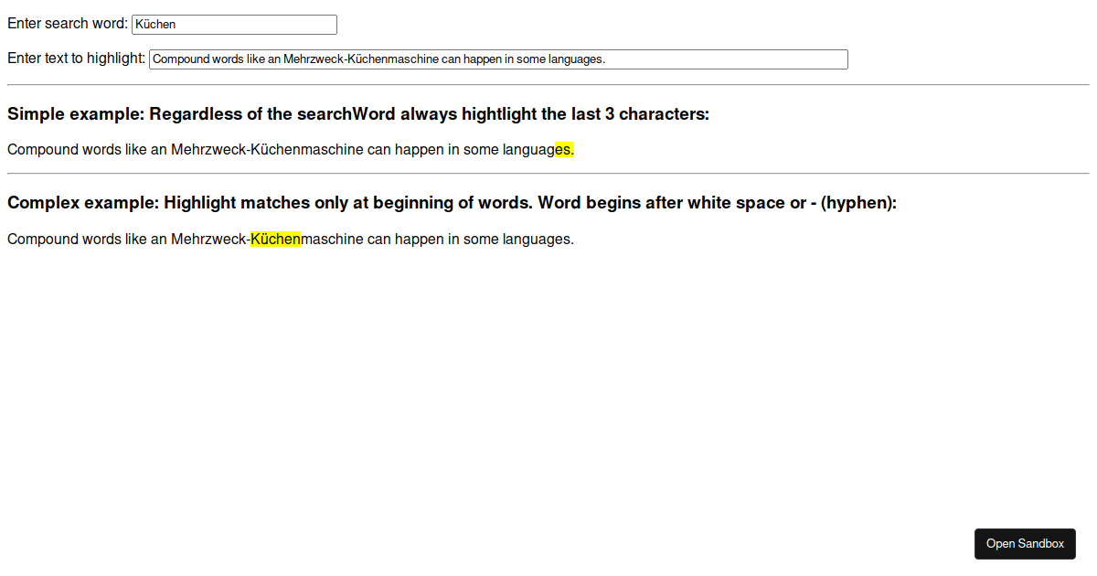 react-highlight-words with a custom findChunks - Codesandbox