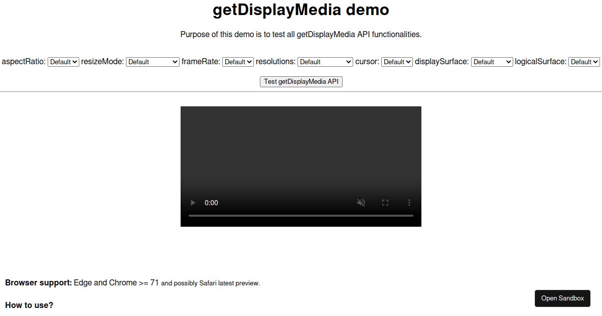 getDisplayMedia demo - Codesandbox