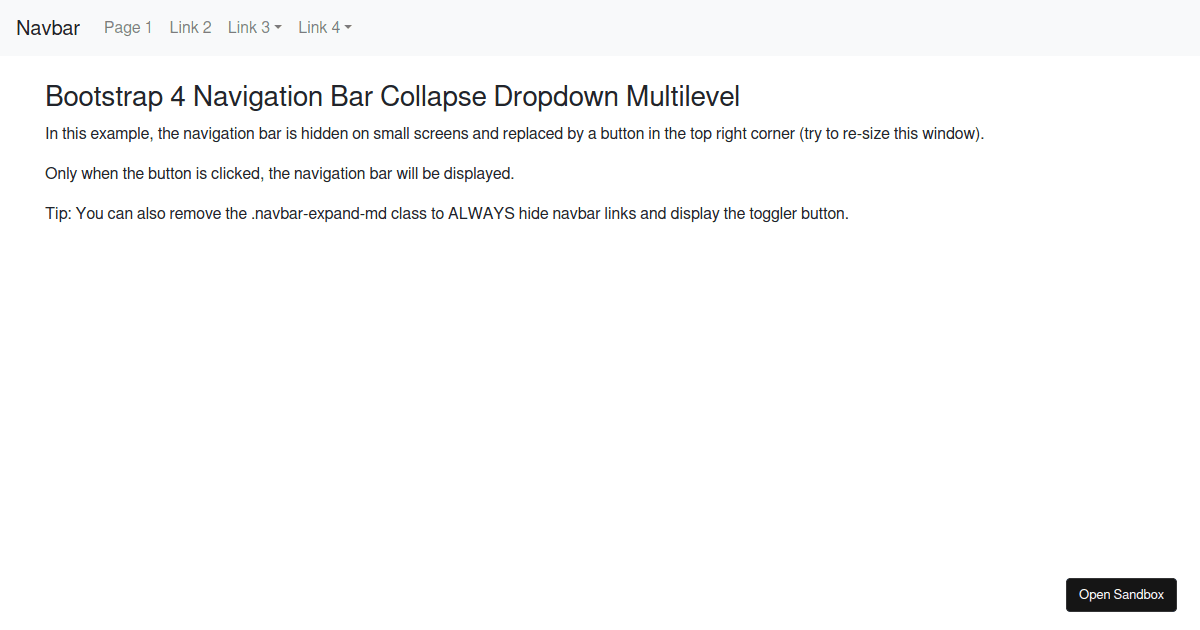 Bootstrap 4 Navigation Bar Collapse Dropdown Multilevel Codesandbox