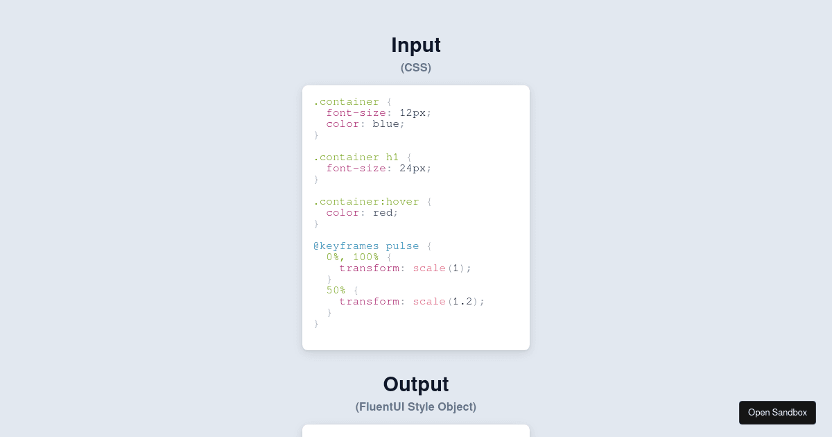 CSS to Fluent Style Objects - Codesandbox