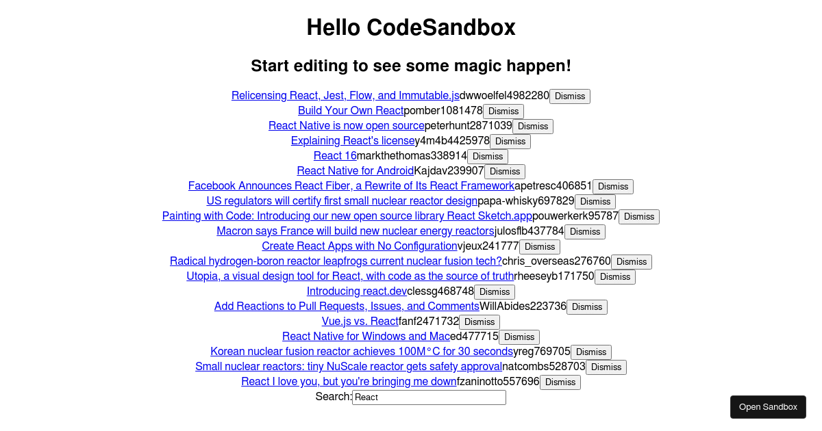 reducer/useEffect/async/localstorage in react list stories example - Codesandbox