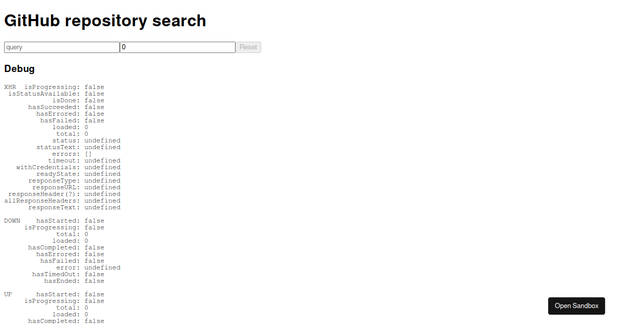 Calmm GitHub search using XHR - Codesandbox