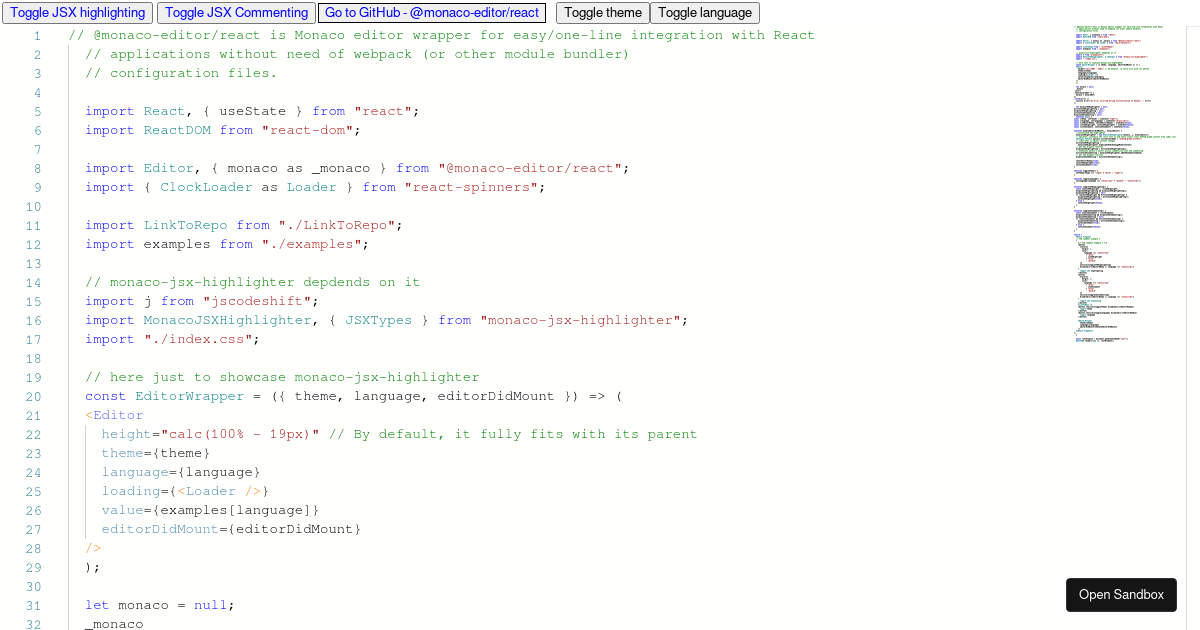 Monaco Editor React with JSX highlighting and commenting - Codesandbox