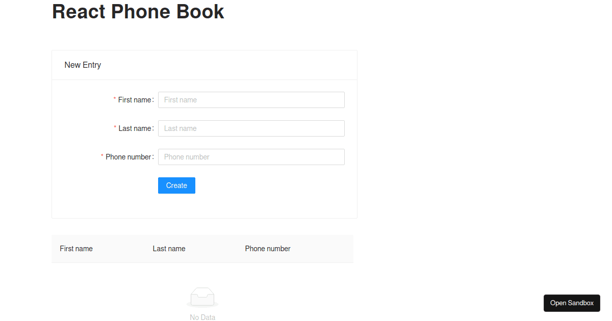 React / Ant Design / Forage - Codesandbox