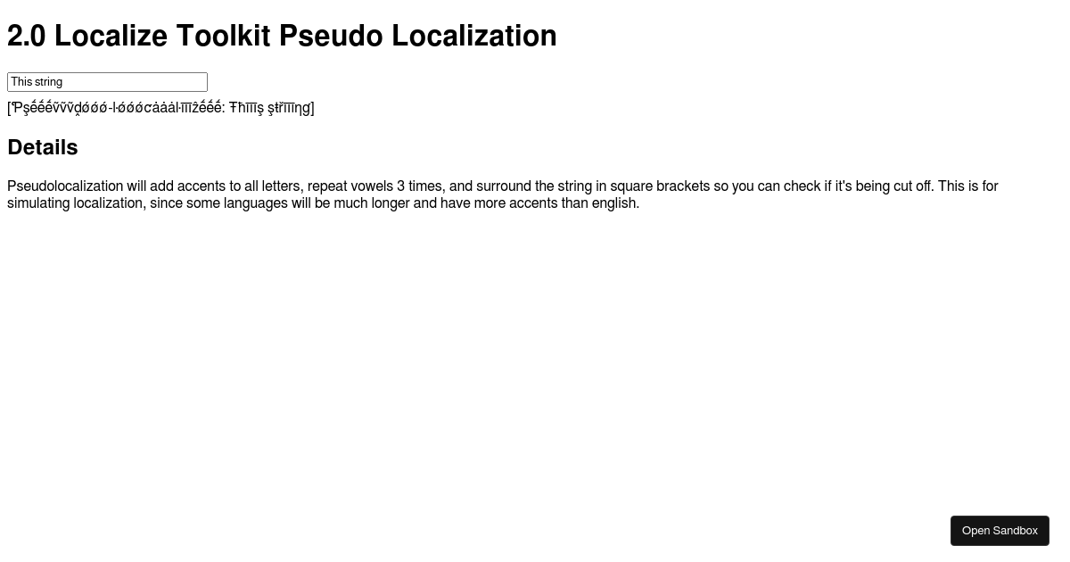 2.0 Localize Toolkit Pseudo Localization - Codesandbox