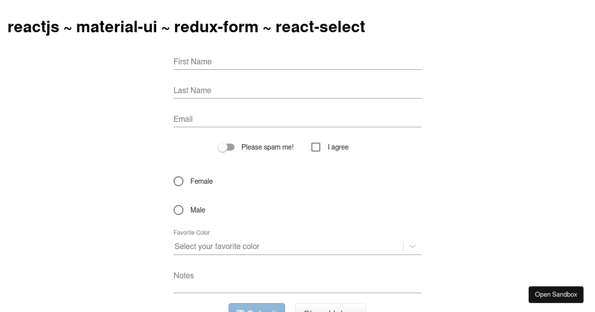 react-select / redux-form - Material UI Example - Codesandbox