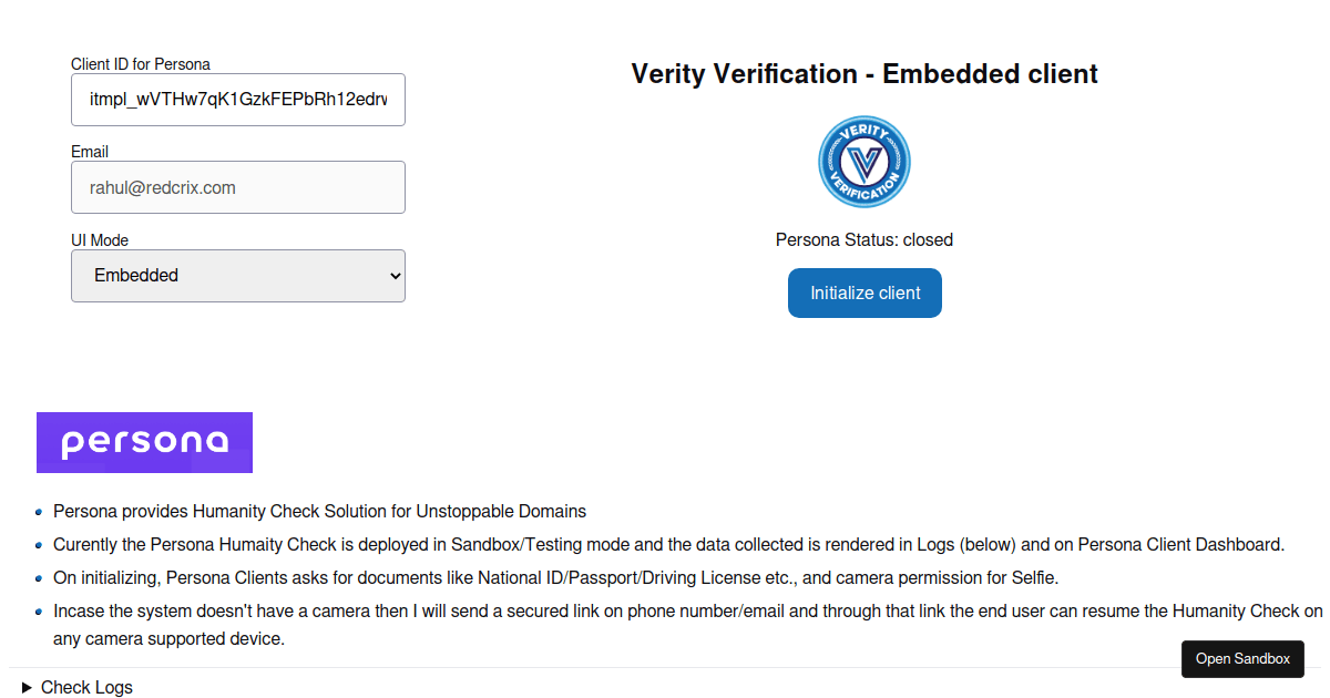Verity Verification with Persona - Codesandbox