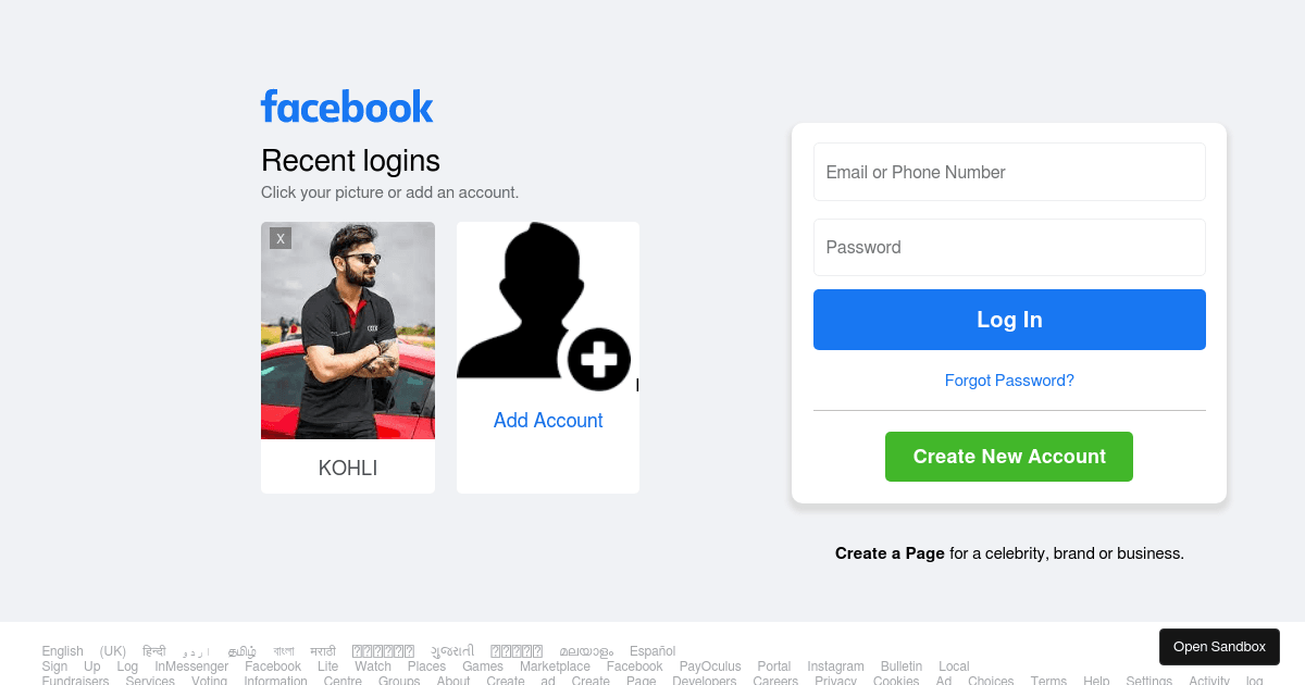 facebook login page - Codesandbox
