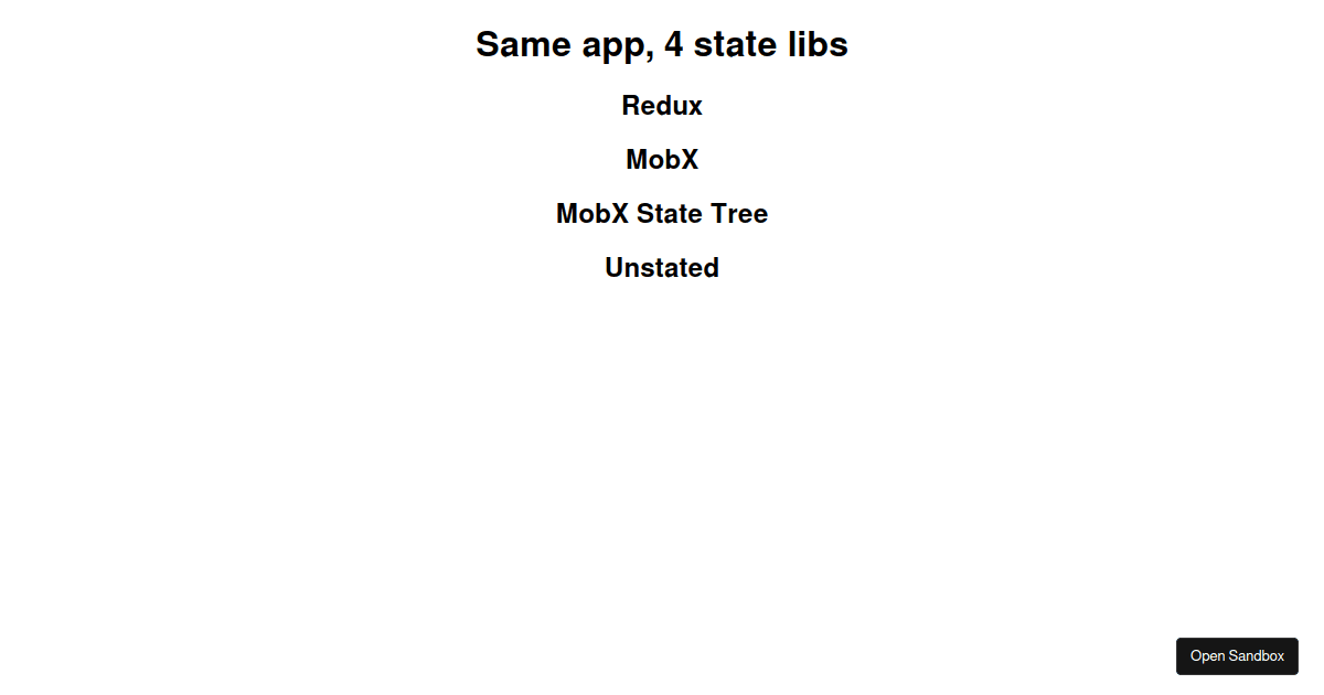 redux-mobx-mst-unstated - Codesandbox