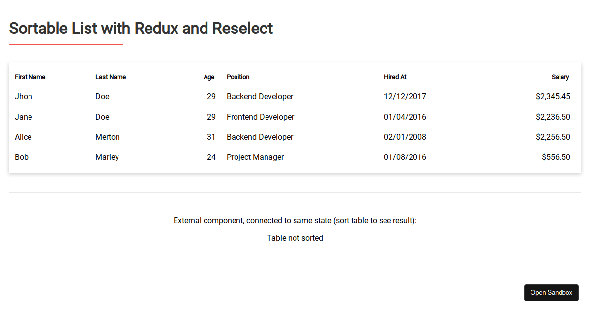 Sortable React Collection with Reselect and Redux - Codesandbox