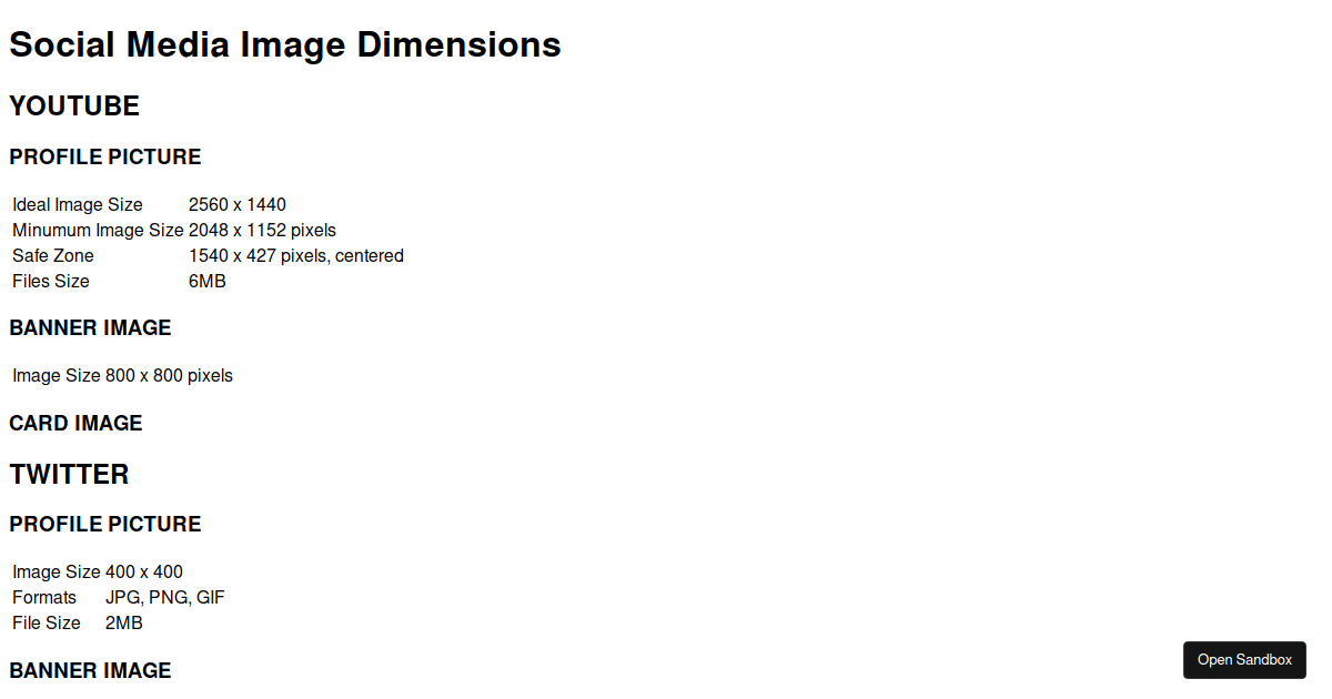 Social Media Image Dimensions - Codesandbox