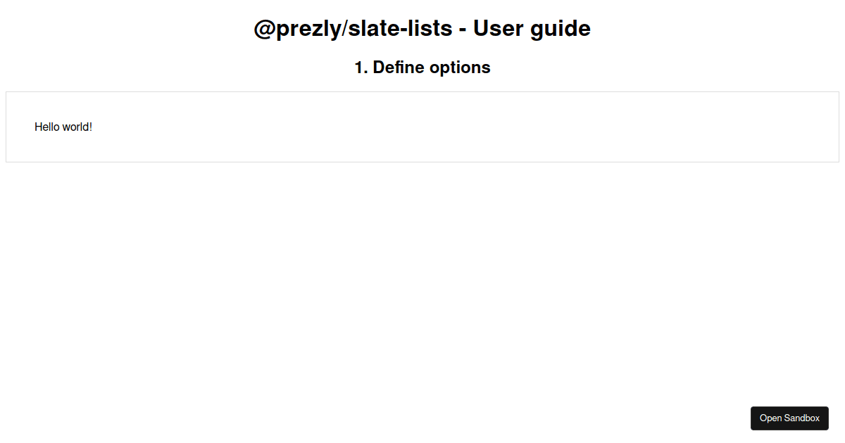 @prezly/slate-lists - User guide - 1. Define options - Codesandbox
