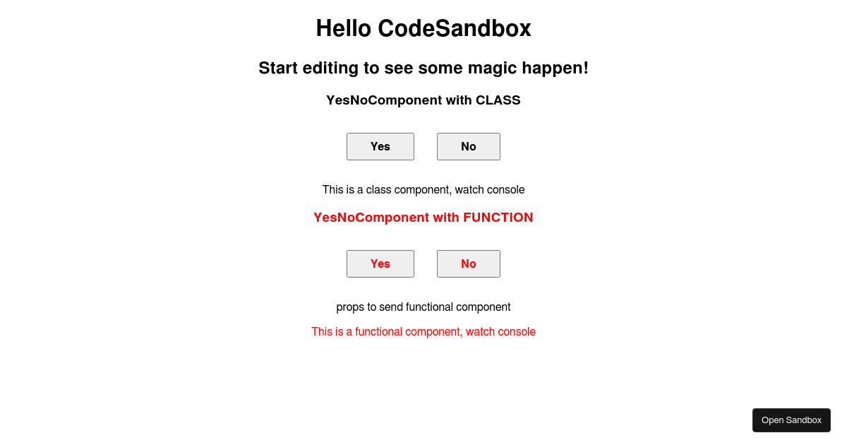 class vs functional component basic example - Codesandbox class vs functional component basic example - Codesandbox