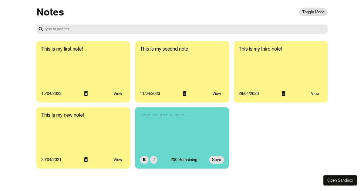 Note taking app - Codesandbox