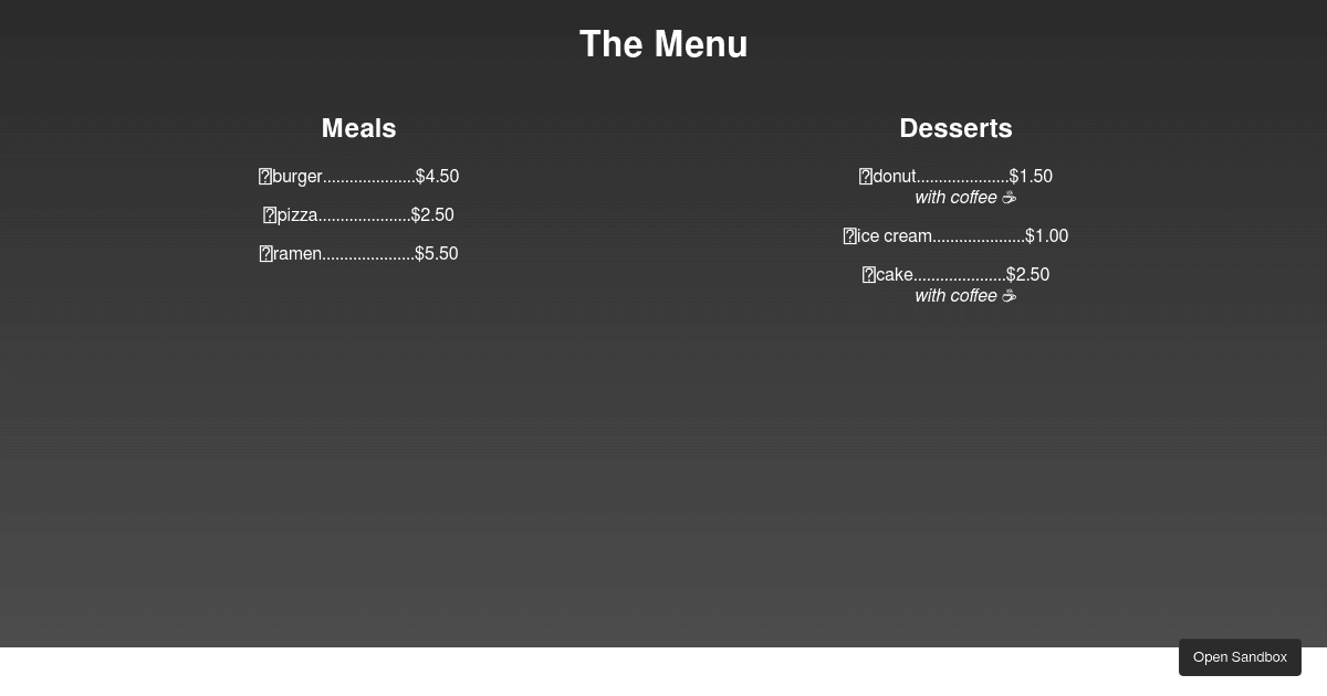 React Workshop - Menu 2 Solution - Codesandbox