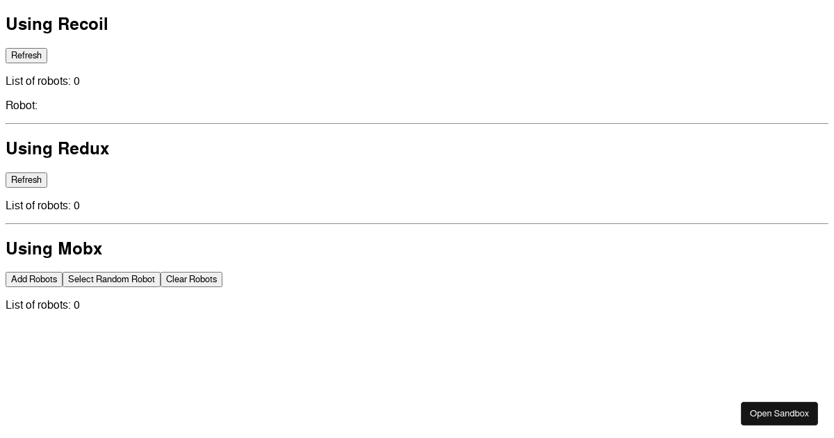 Recoil vs Redux vs Mobx - Codesandbox