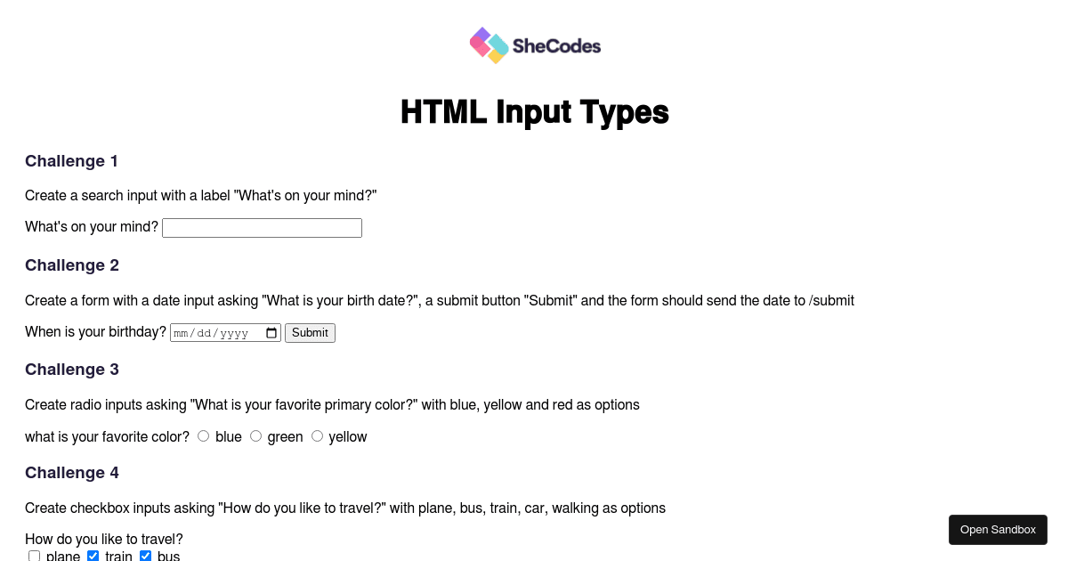 HTML Input types Challenge (forked) - Codesandbox HTML Input types Challenge (forked) - Codesandbox