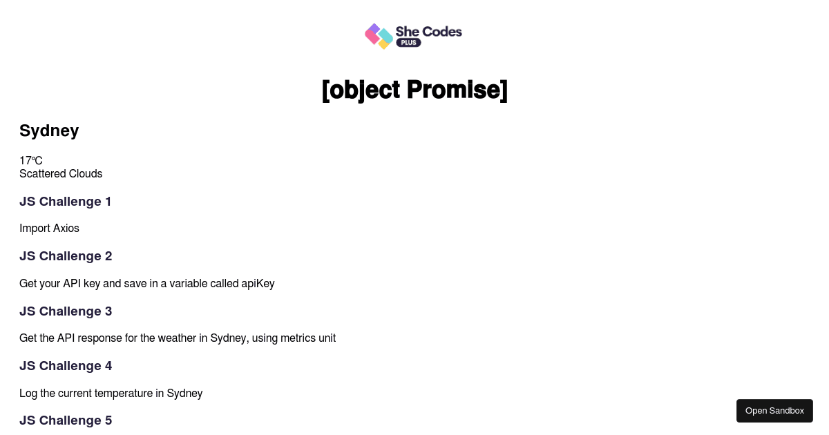 SheCodes Plus Challenge 5.4: Weather API - Codesandbox