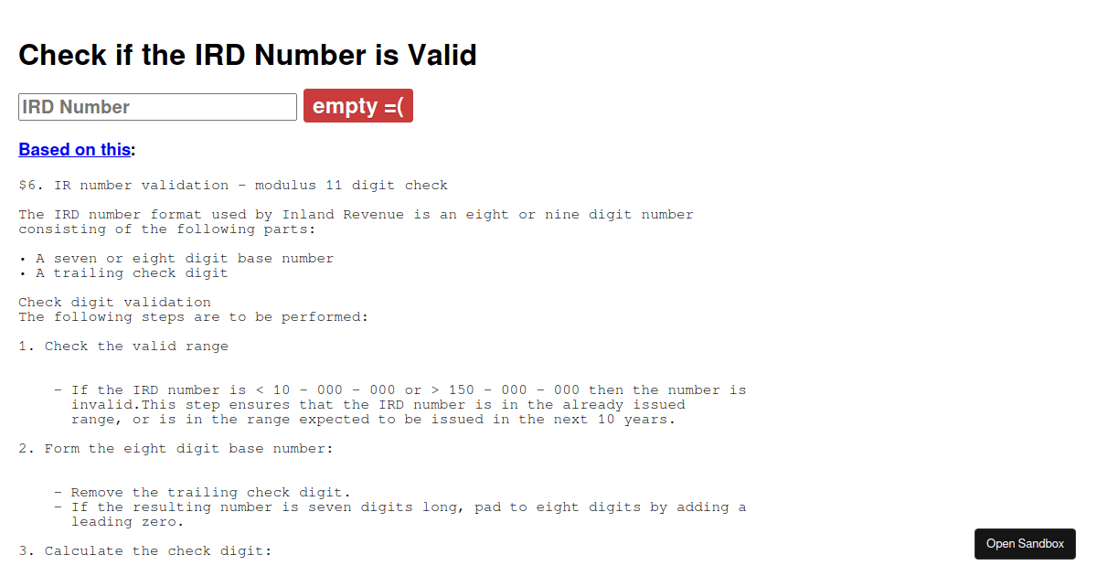 NZ IRD Number Validator Codesandbox nz-ird-number-validator-codesandbox