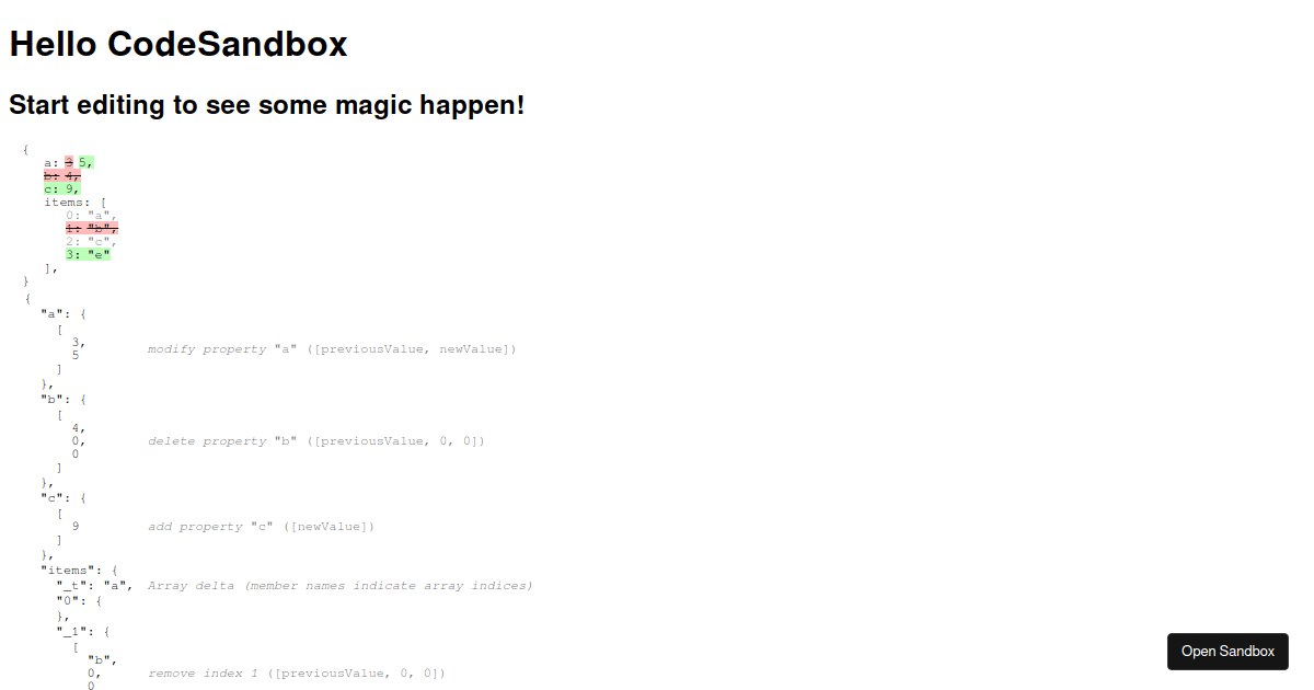 jsondiffpatch in react - Codesandbox