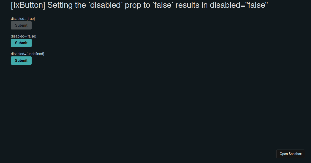 Setting the `disabled` prop to false results in `disabled="false"` - Codesandbox