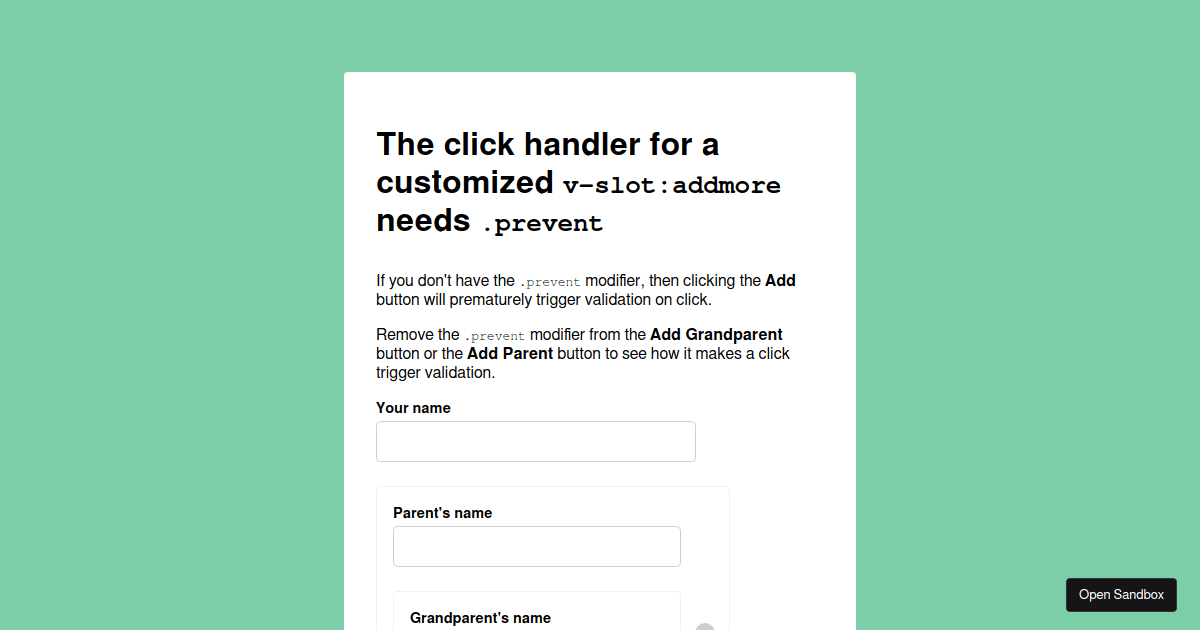 Use Prevent To Add Element To Vue Formulate Group Without It Validation Triggered Codesandbox 