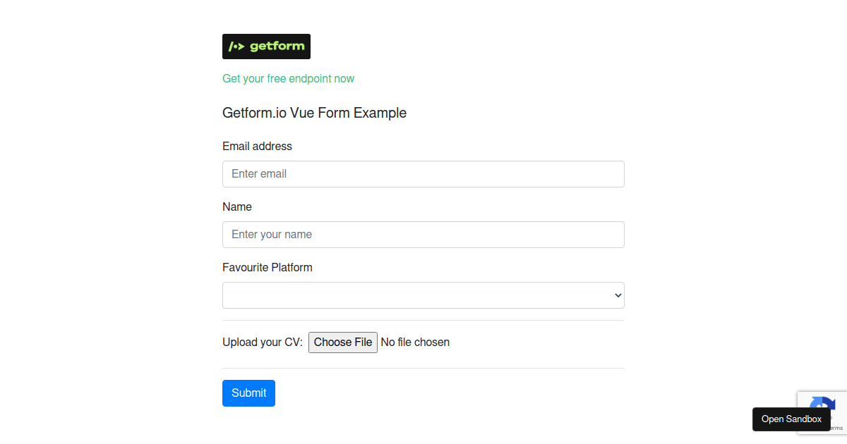 Vue Getform Recaptcha Form Example - Codesandbox
