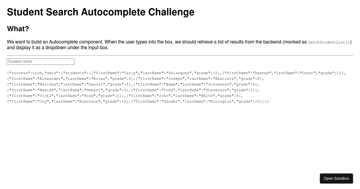 Student Search Autocomplete Challenge - Codesandbox