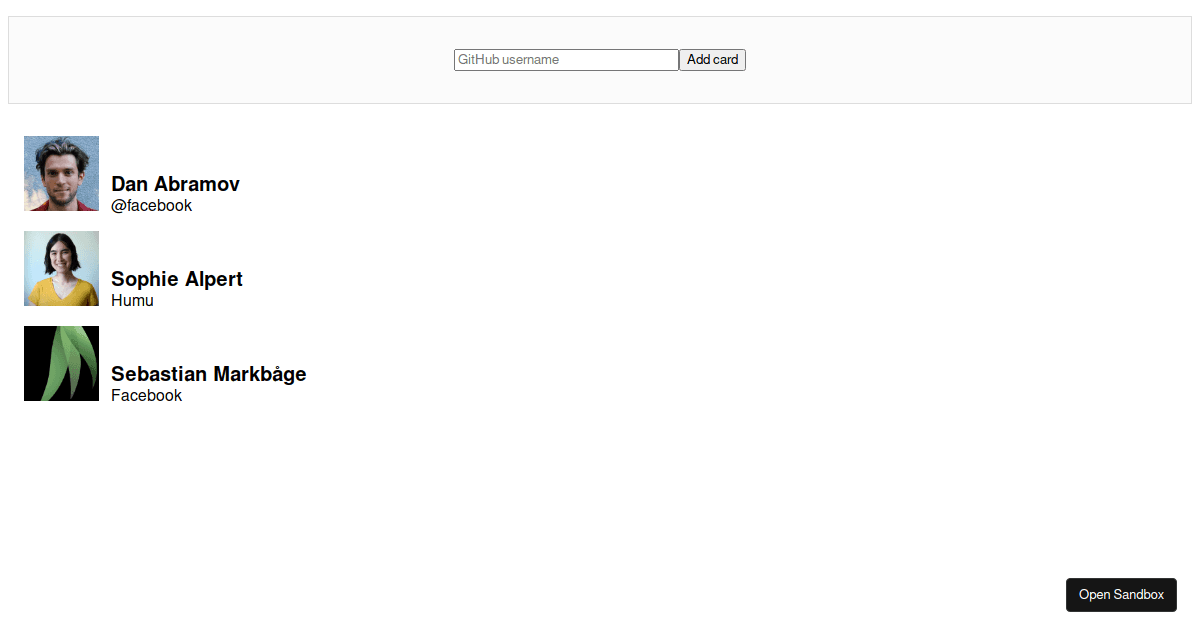 Github cards app - Codesandbox