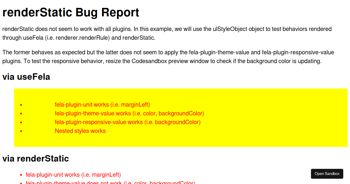 fela.renderStatic - Codesandbox
