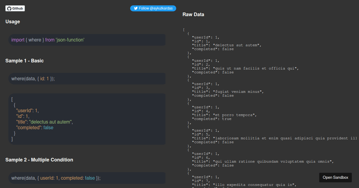 json-function where samples - Codesandbox