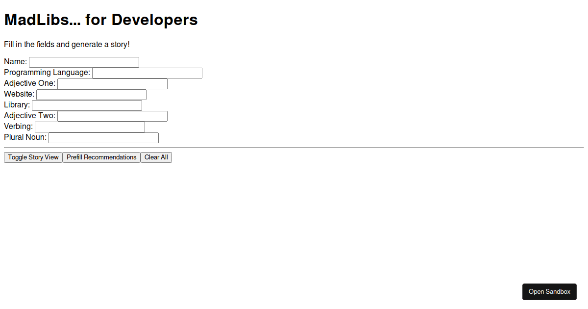Riduce example - MadLibs for Developers - Codesandbox