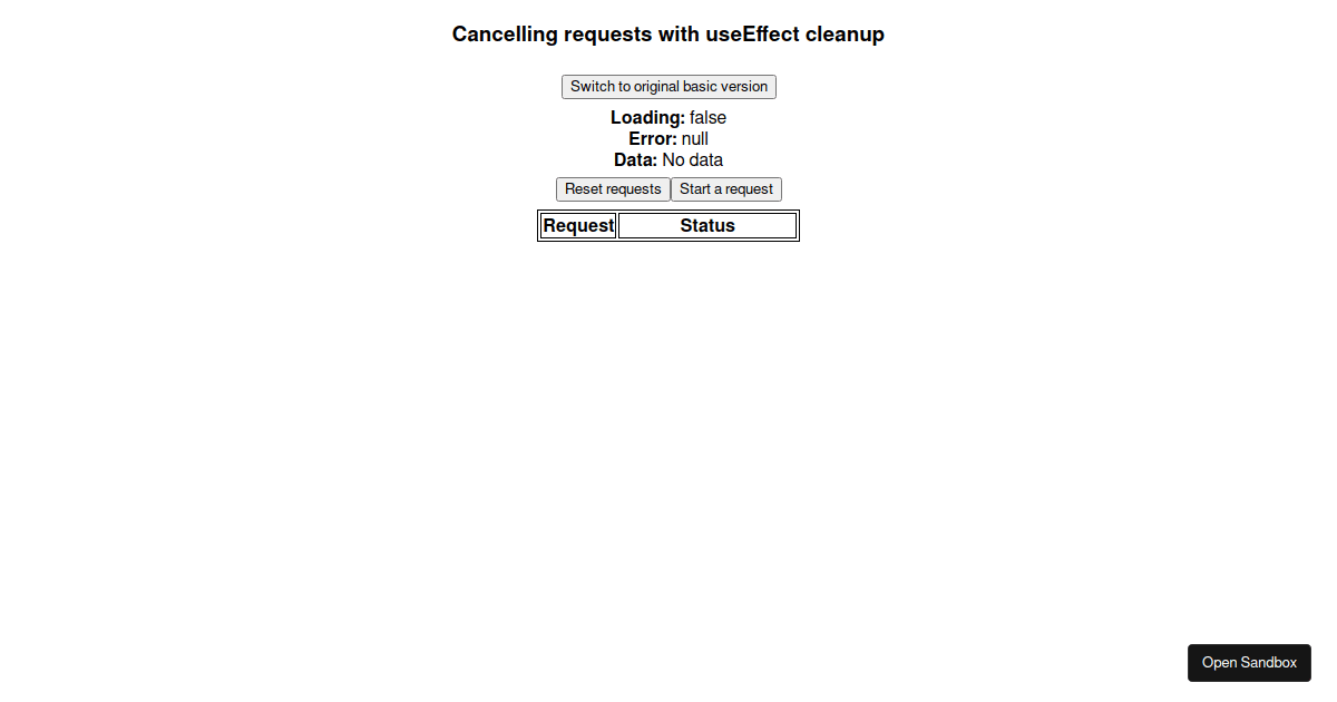 Cancelling requests with useEffect cleanup - Codesandbox