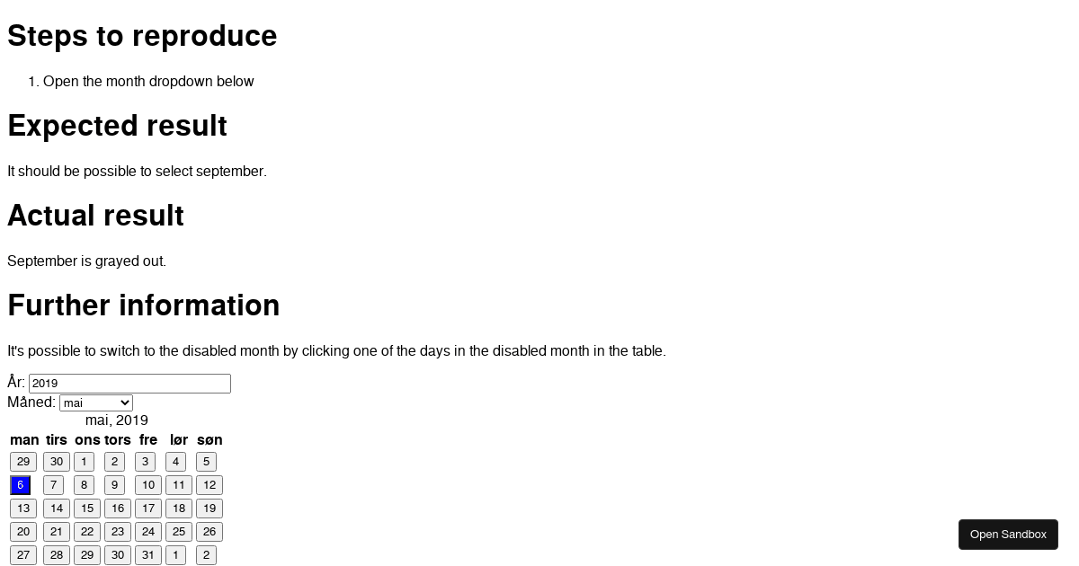 TC: disabled month in month dropdown in @nrk/core-datepicker - Codesandbox